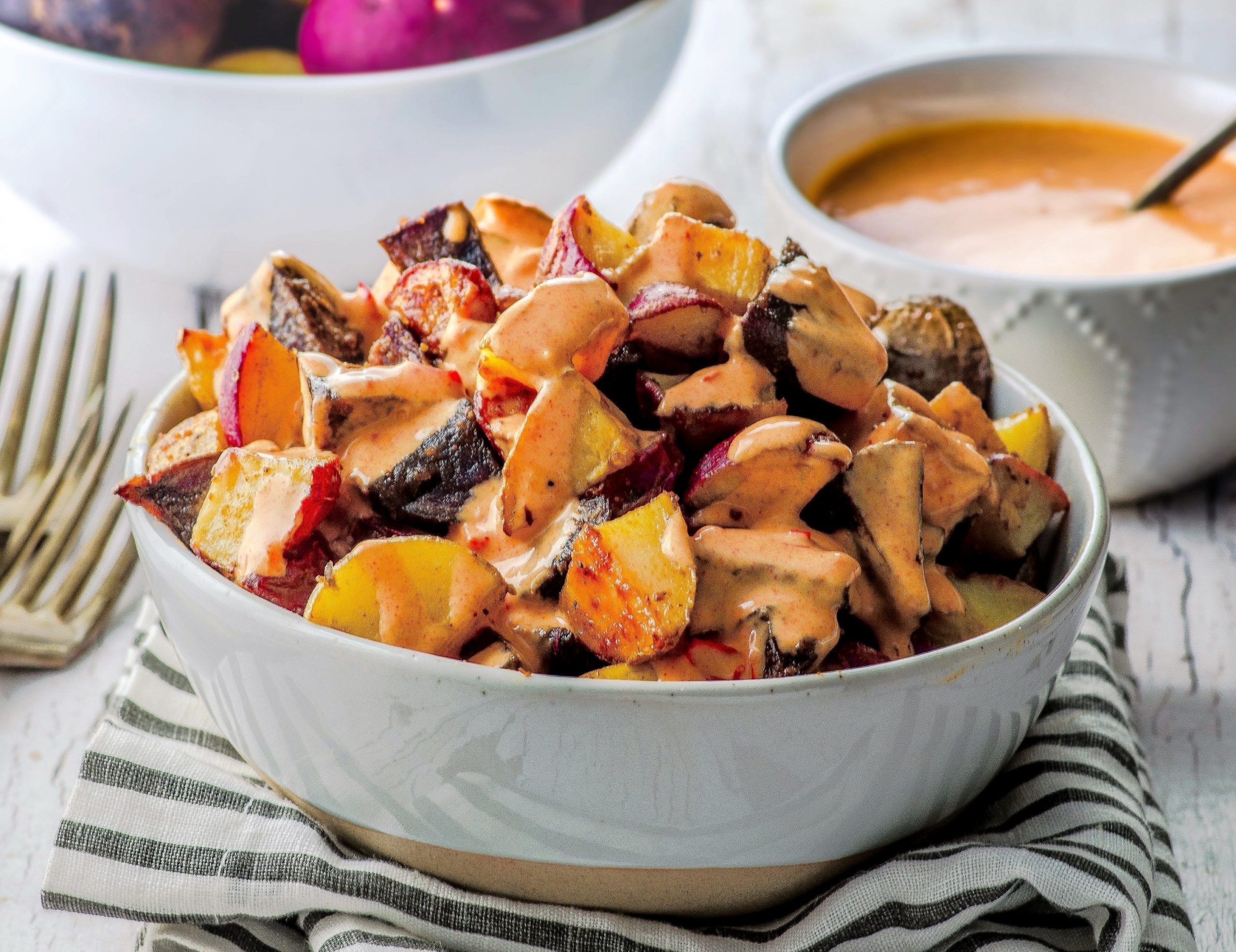 Tri-Colored Roasted Potatoes with Harissa Sauce | Potato Goodness