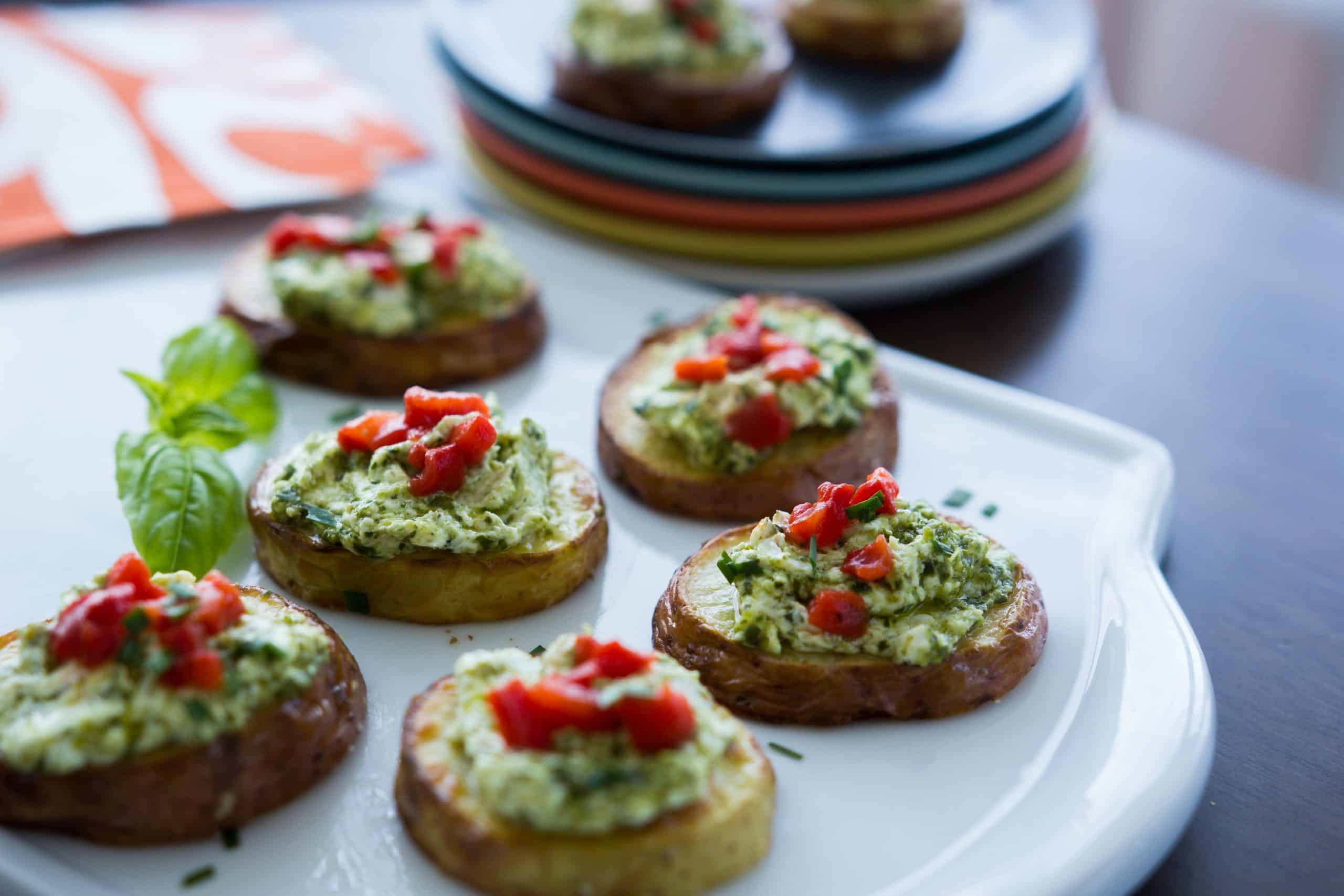 Potato Crostini with Pesto Cheese