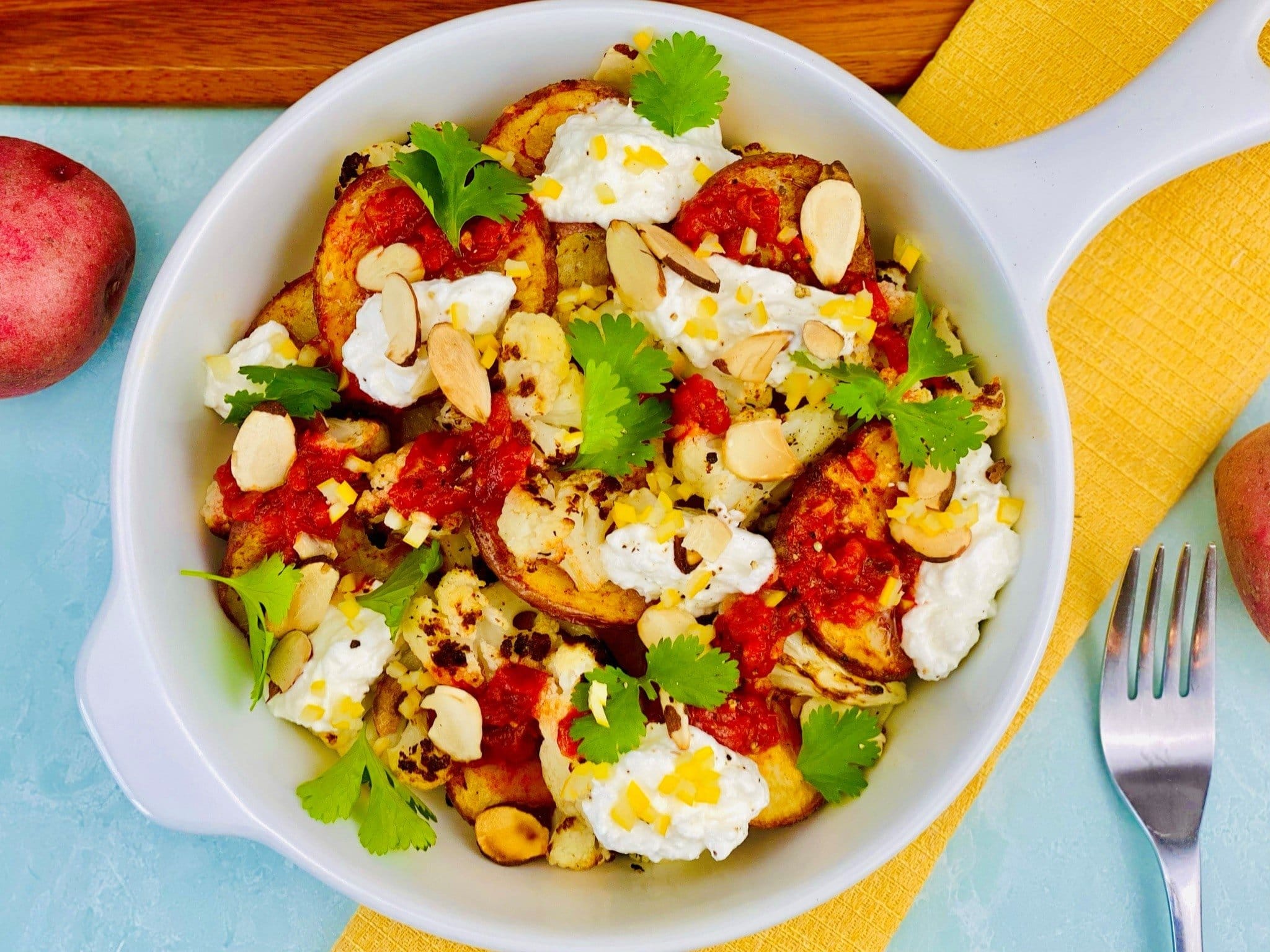Moroccan Potatoes with Roasted Cauliflower, Coriander, Harissa Recipe