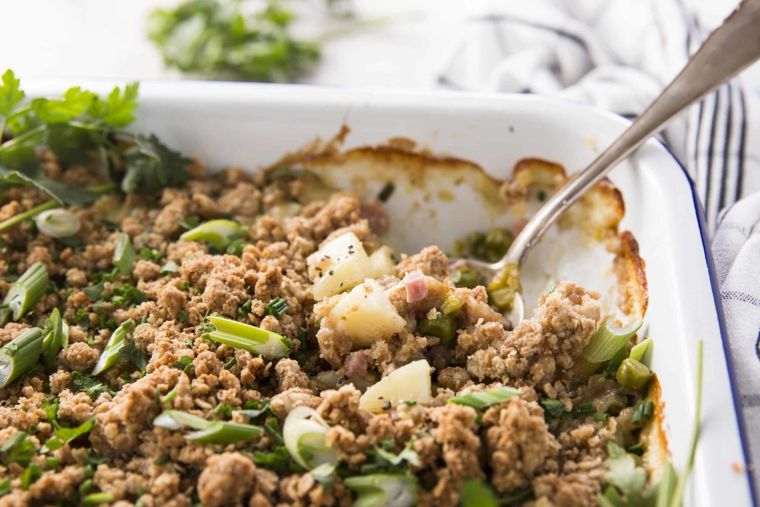 Crumble Recipes | Cheddar Chive Savory Ham and Potato Crumble