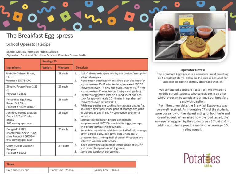School Foodservice Operator Recipe Cards - Potato Goodness